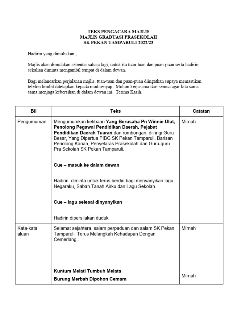 Teks Emcee Graduasi Pra 2022 | PDF