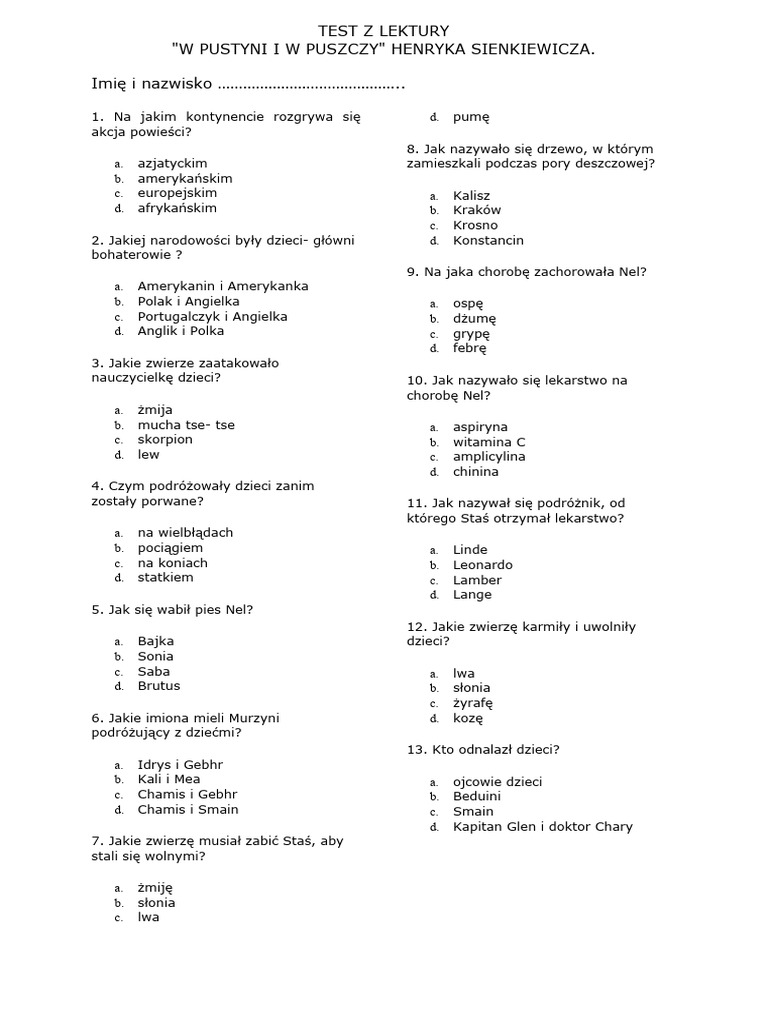 Test Z Lektury W Pustyni I W Puszczy | PDF