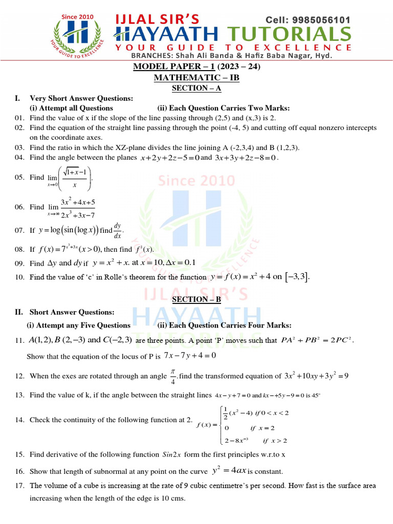 Model Paper - Ib | PDF | Line (Geometry) | Angle