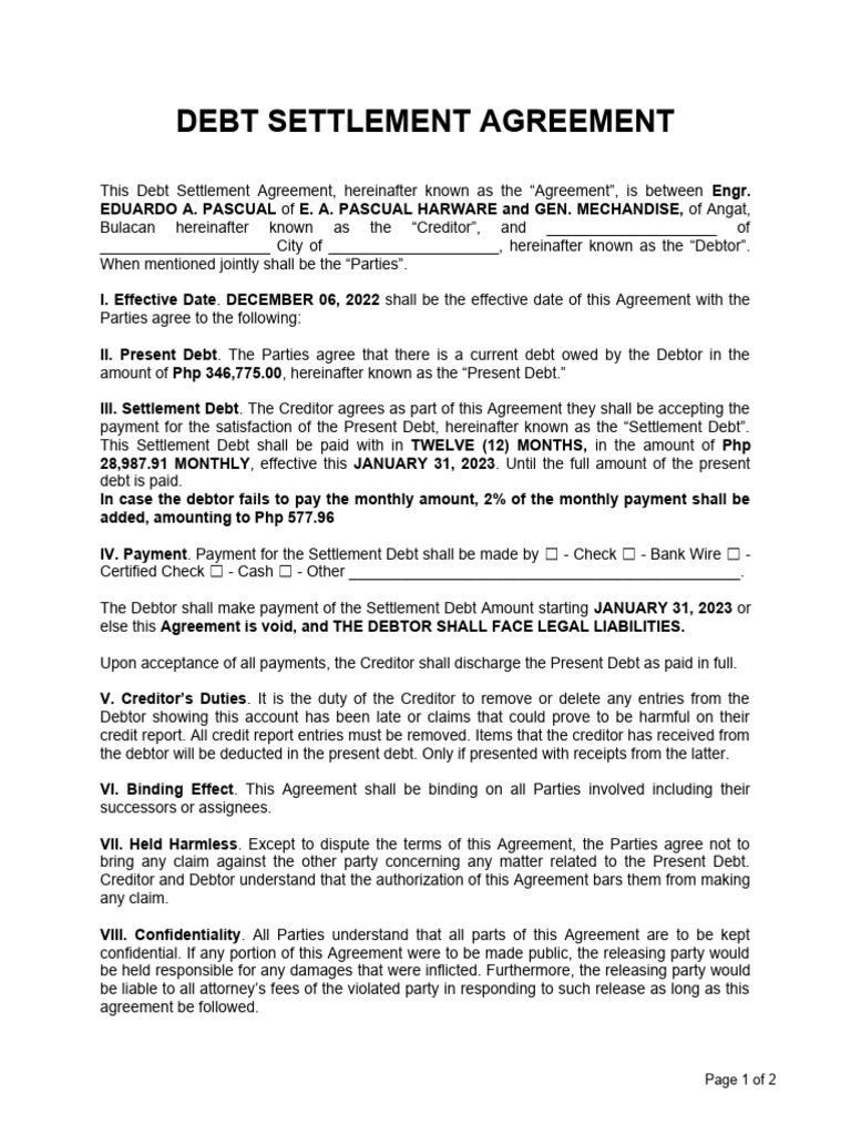 Debt Settlement Agreement | PDF | Finance & Money Management | Social ...