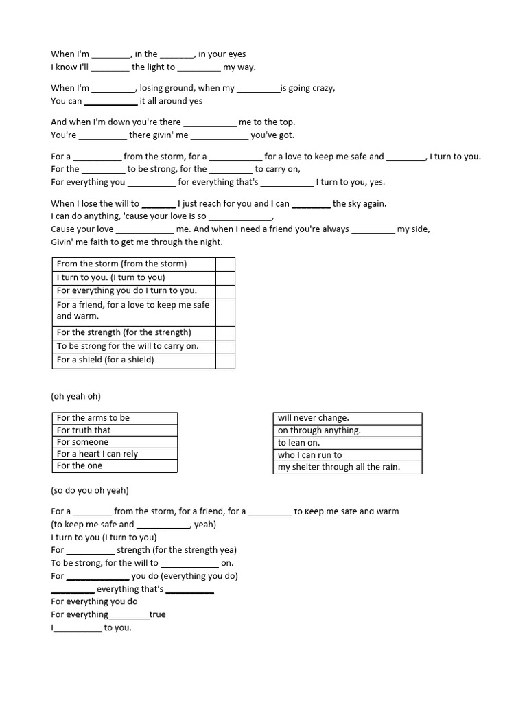 FILL IN THE BLANK SONG LYRICS I Turn To You | PDF | Self-Improvement