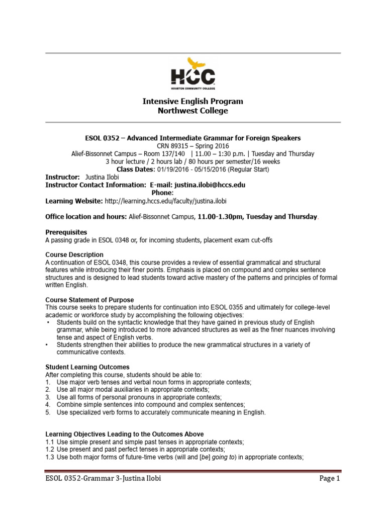 Syllabus ESOL 0352 Grammar 3 | PDF | Verb | Sentence (Linguistics)