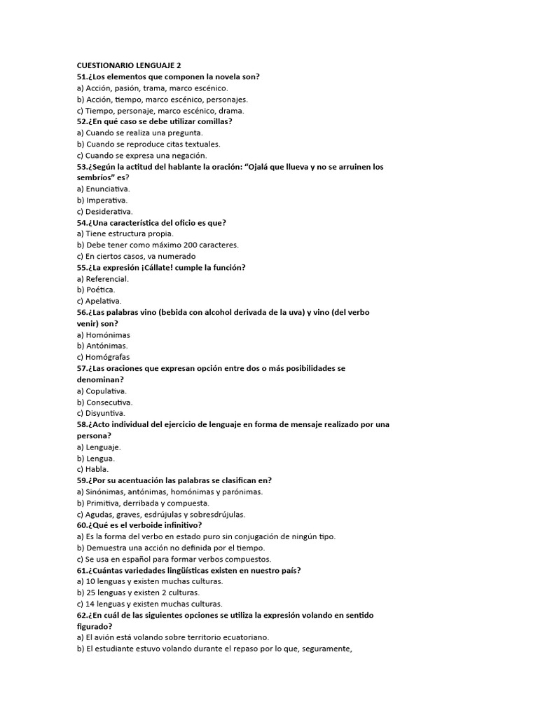 CUESTIONARIO LENGUAJE 2 | PDF | Verbo | Comunicación