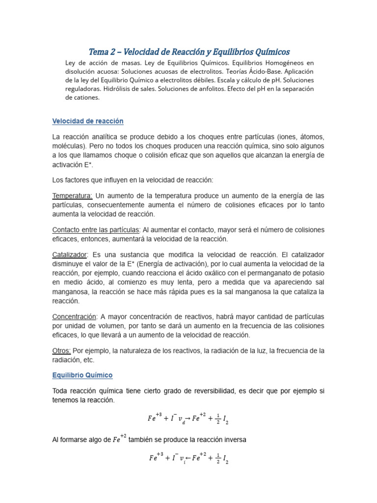 Tema 2 - Velocidad de Reacción y Equilibrio Químico | PDF | Equilibrio químico | Reacciones químicas