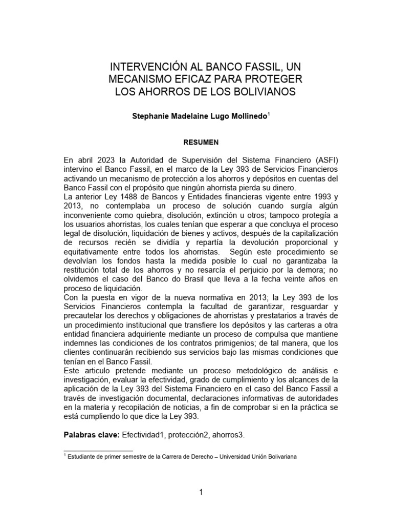 Intervención Al Banco Fassil Por Parte de La Autoridad de Supervisión Del Sistema Financiero ...