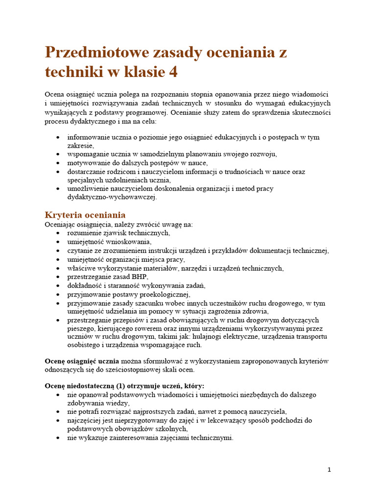Przedmiotowe Zasady Oceniania Klasa 4 | PDF
