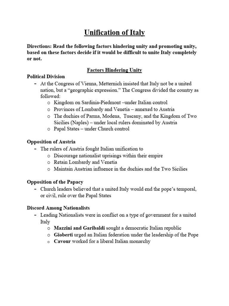 Challenges and Leaders of Italian Unification | PDF | Conflicts | Italy