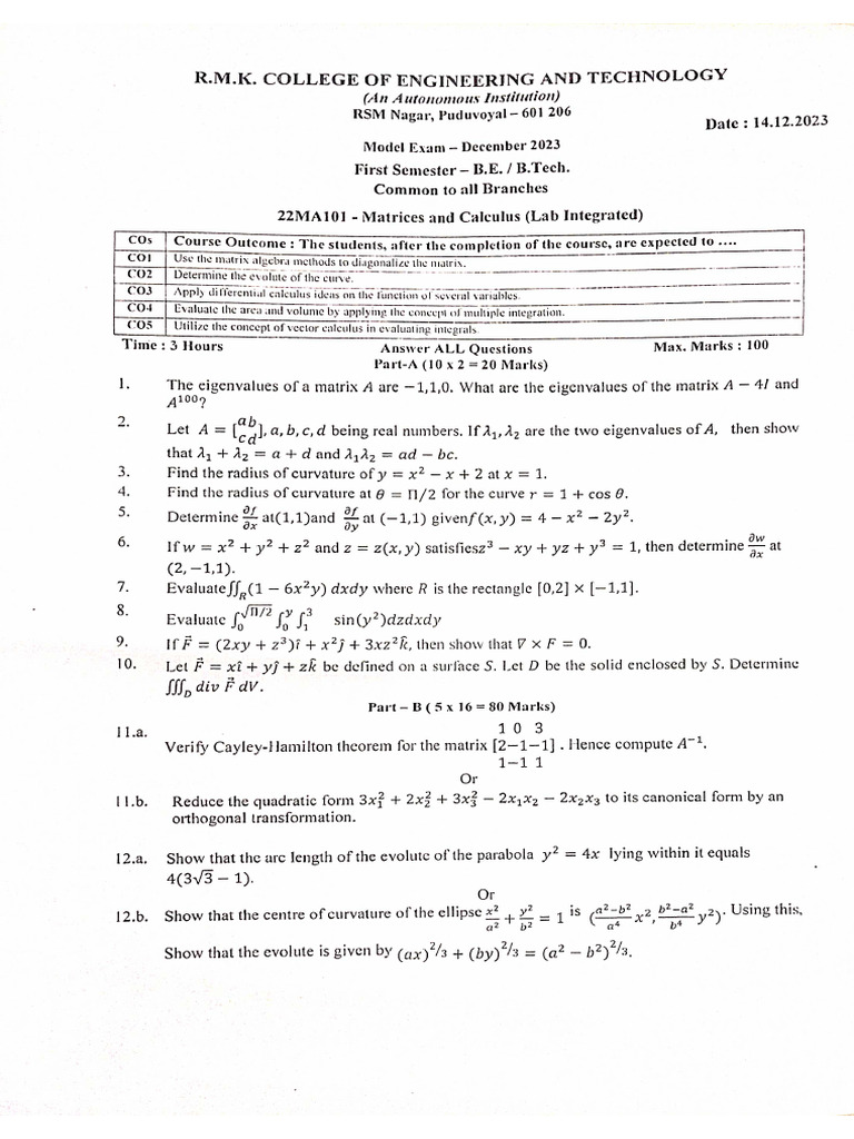 22MA101-Model Exam Question Paper and Answers | PDF
