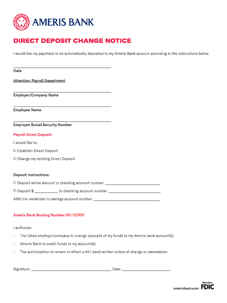 Ameris Bank Direct Deposit | PDF