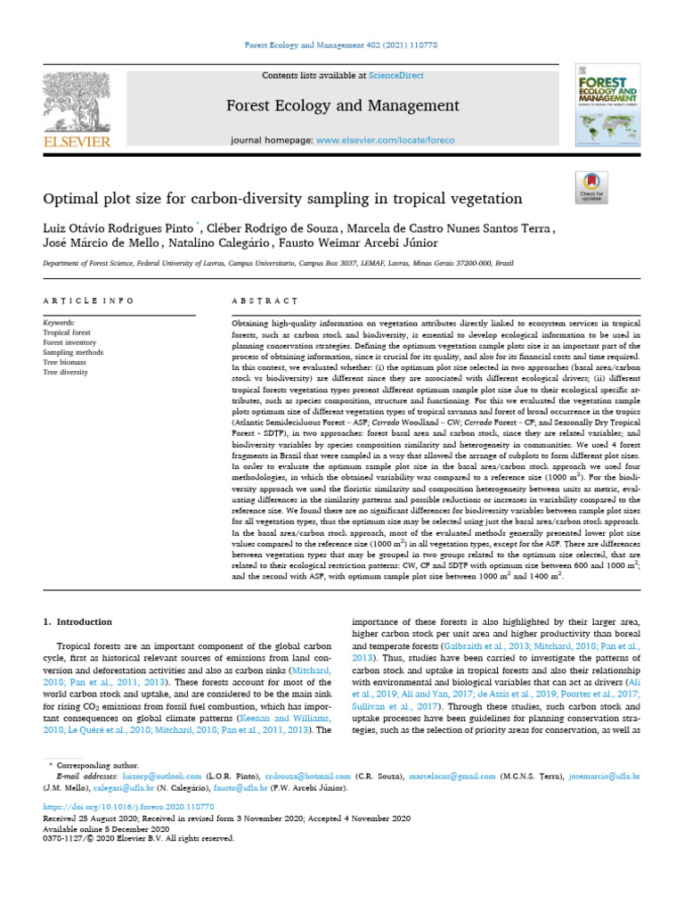 Carbon Optimal Plot Size For Carbon-Diversity Sampling in Tropical Vegetation 2020 | PDF ...
