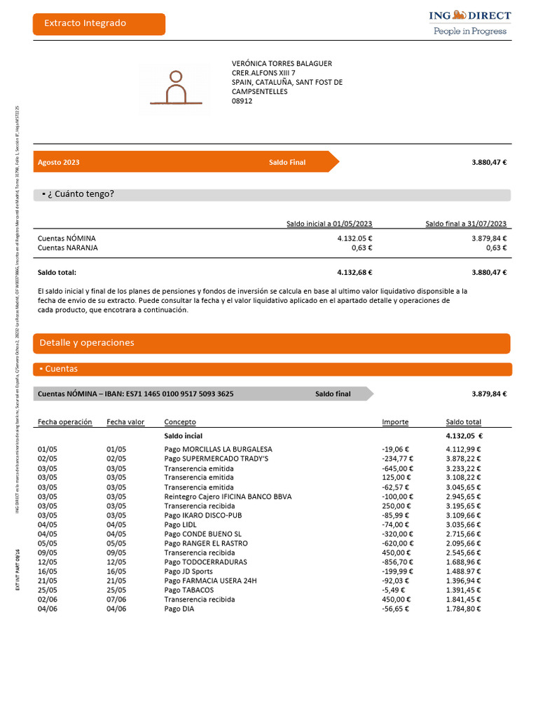 Extracto Bancario ING Direct Agosto 2023 | PDF | Ing Group | Inversores ...