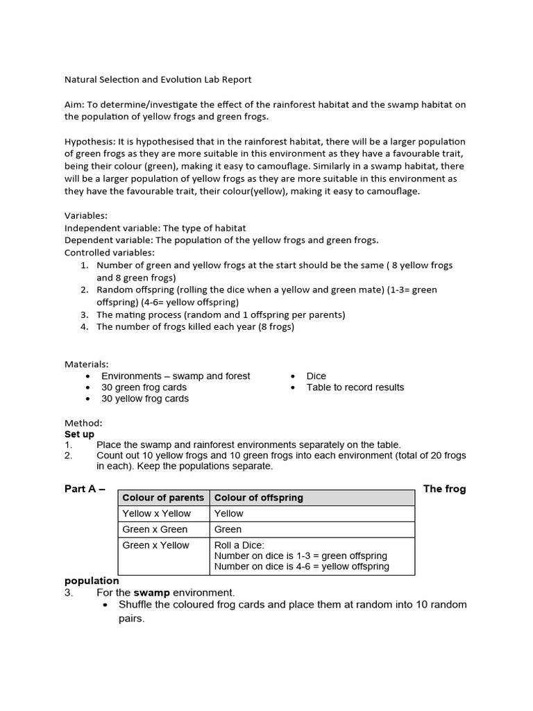 Lab Natural Selection | PDF | Frog | Natural Selection