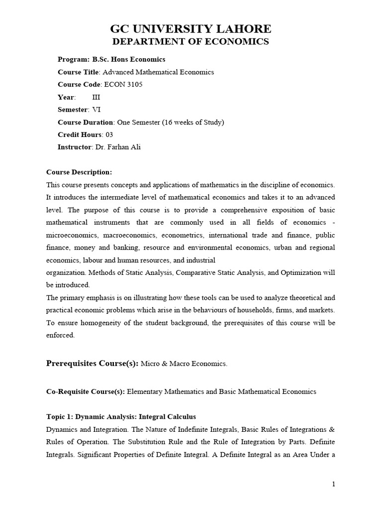 Advanced Mathematical Economics Course | PDF | Differential Equations ...