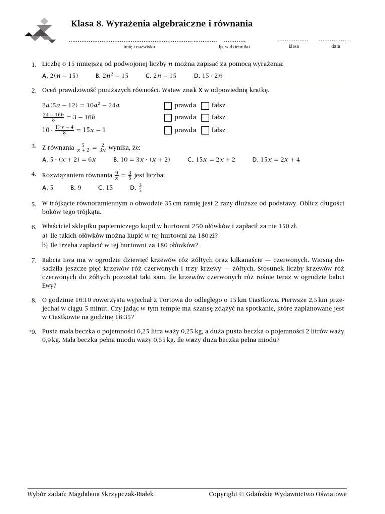 Wyrażenia Algebraiczne I Równania KL 8 | PDF