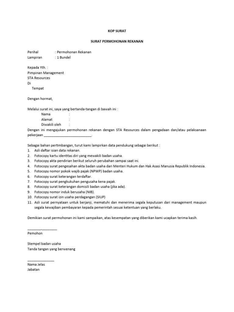 Surat Permohonan Rekanan (Badan Usaha) | PDF