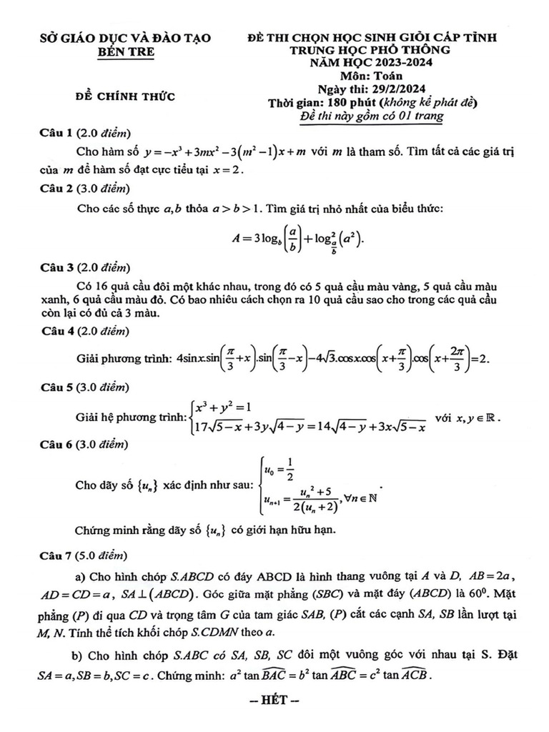 De Hoc Sinh Gioi Cap Tinh Toan THPT Nam 2023 2024 So GDDT Ben Tre | PDF