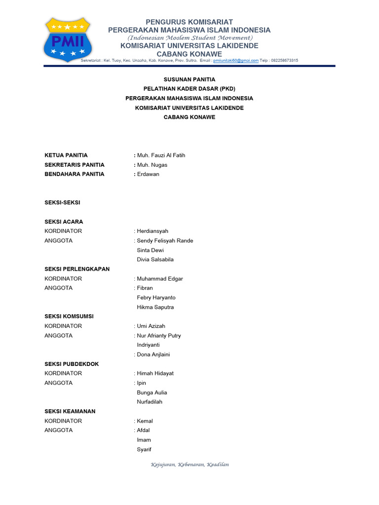 Susunan Panitia PKD PMII Unilaki | PDF