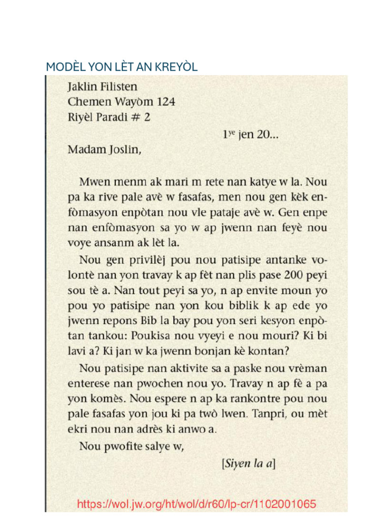 Modèl Yon Lèt An Kreyòl | PDF