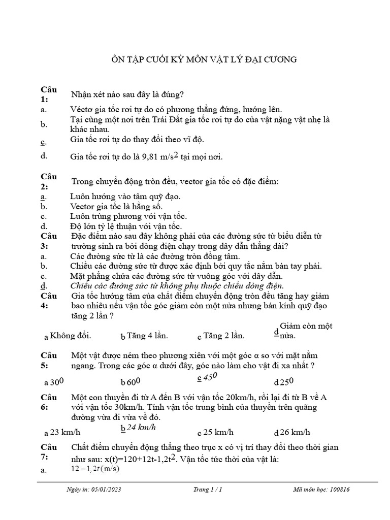 VLDC - Ôn tập CK (Giao SV) | PDF