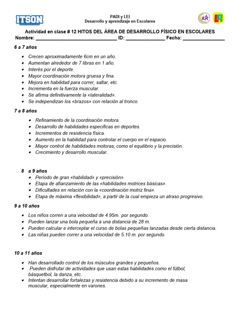 Actividad 12 Hitos Desarrollo Fã - Sico | PDF | Coordinación motriz