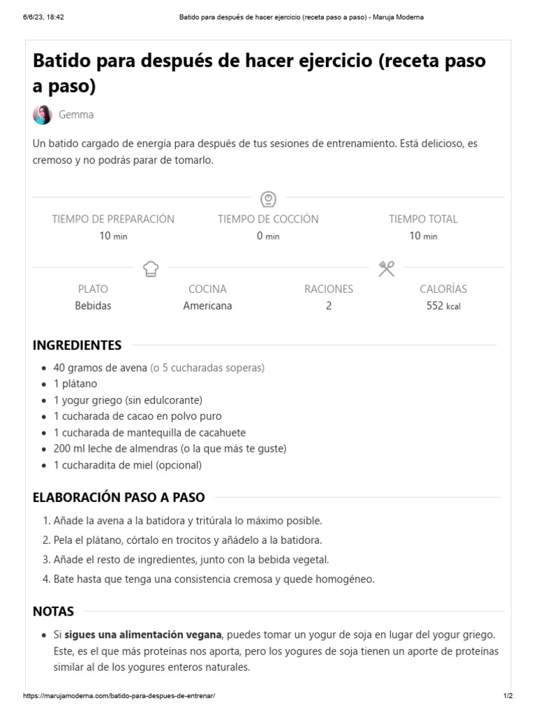 Batido para Después de Hacer Ejercicio (Receta Paso A Paso) (Articulo) Autor Maruja Moderna ...