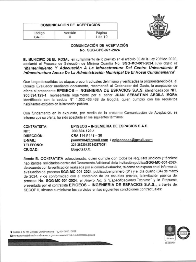 Aceptacion de La Oferta SGG-MC-001-2024 | PDF