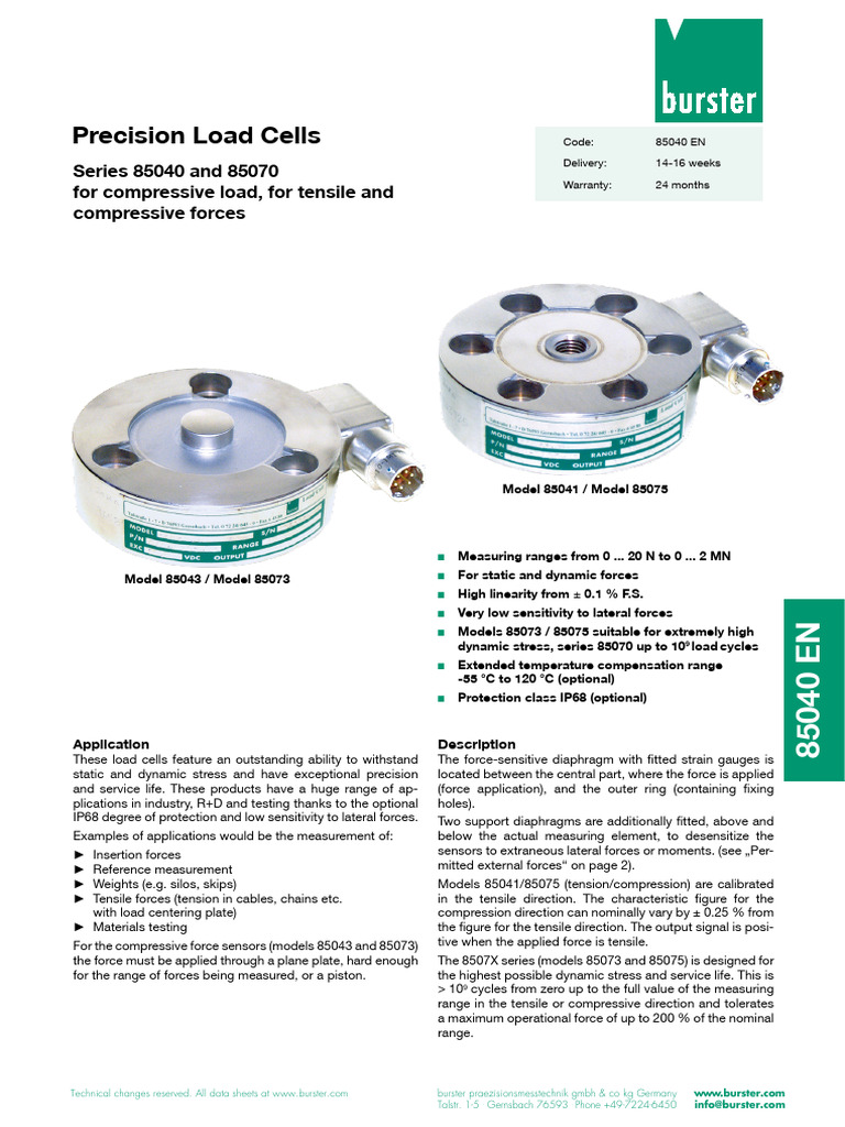 Precision Load Cells: Series 85040 and 85070 For Compressive Load, For ...