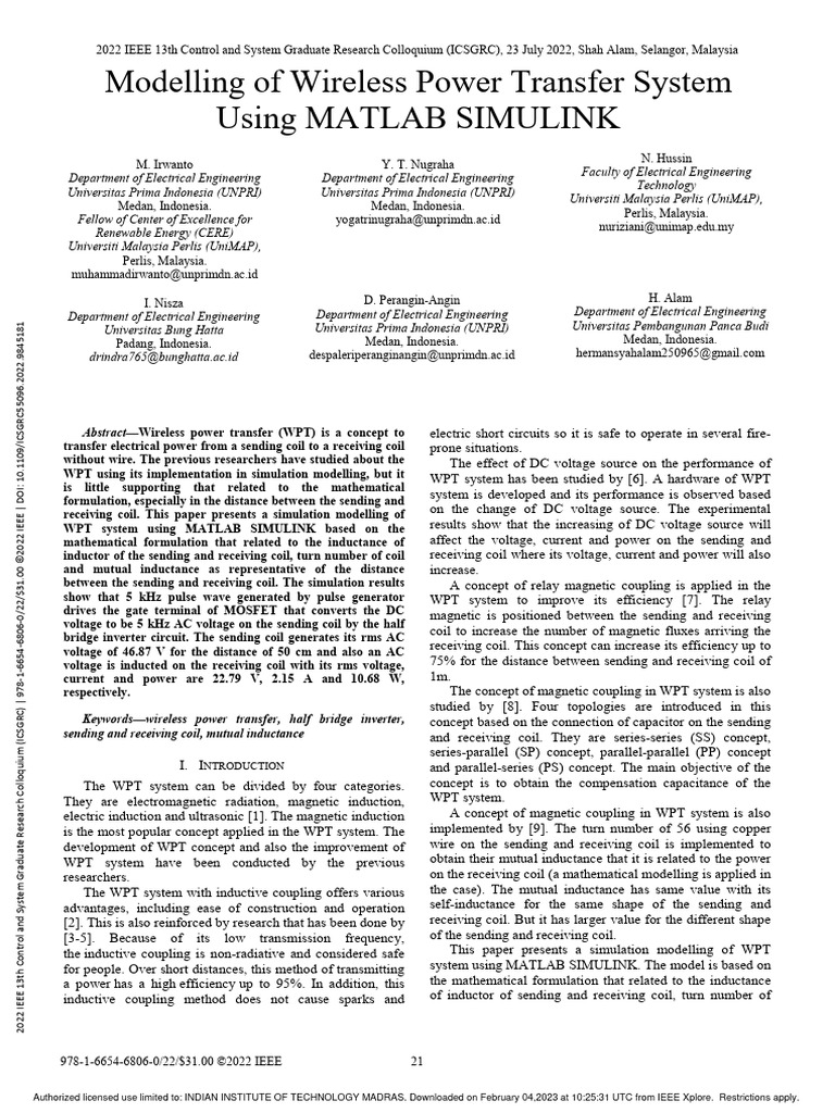 Modelling of Wireless Power Transfer System Using MATLAB SIMULINK | PDF | Inductor | Power Inverter