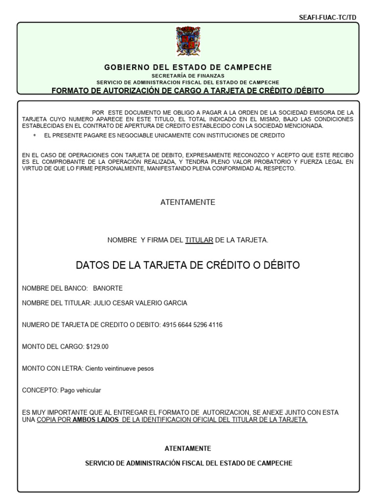 Formato de Autorizacion de Cargo TC-TD | PDF
