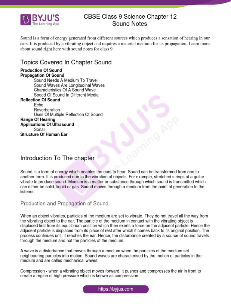 CBSE Class 9 Science Chapter 12 Sound Notes | PDF | Sound | Waves