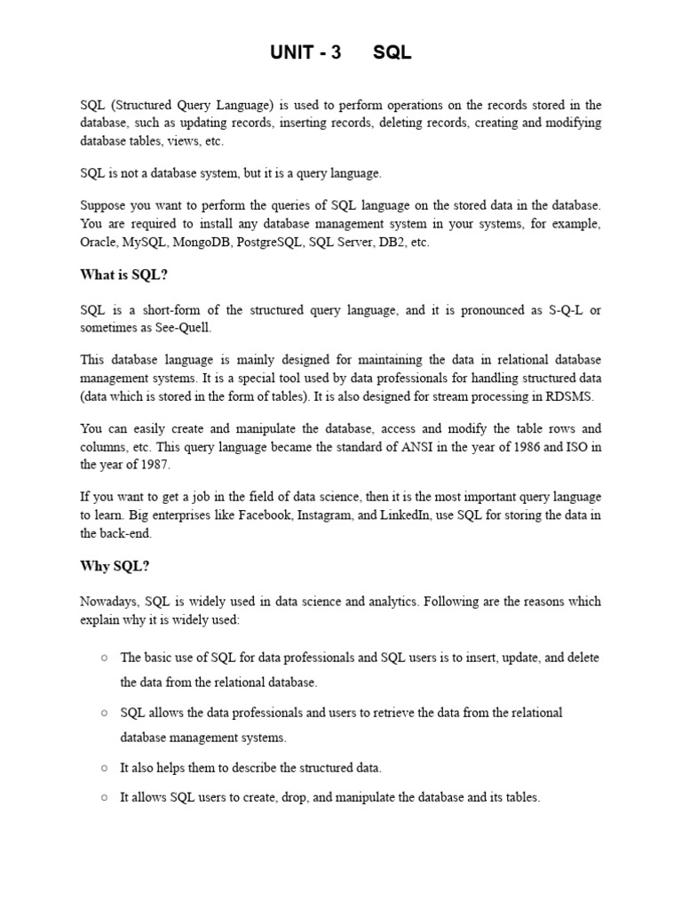 DBMS Unit 3 - Part 1 Final | PDF | Relational Database | Sql