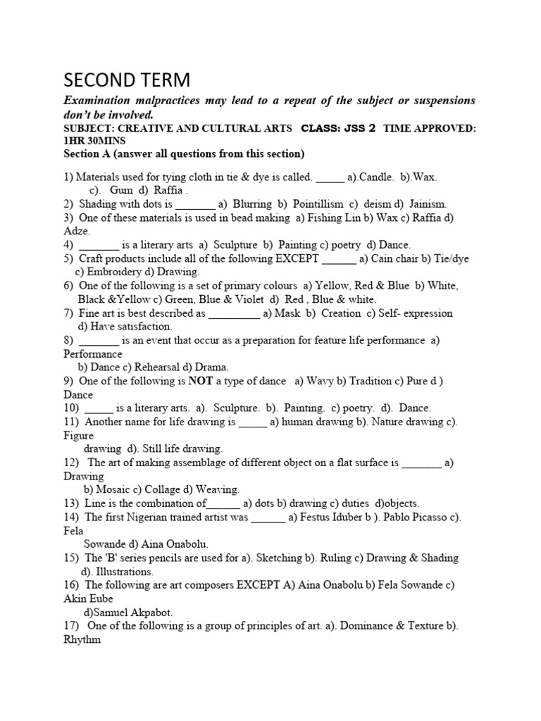 JSS2 CCA Second Term Exam Questions | PDF | Drawing | Blue