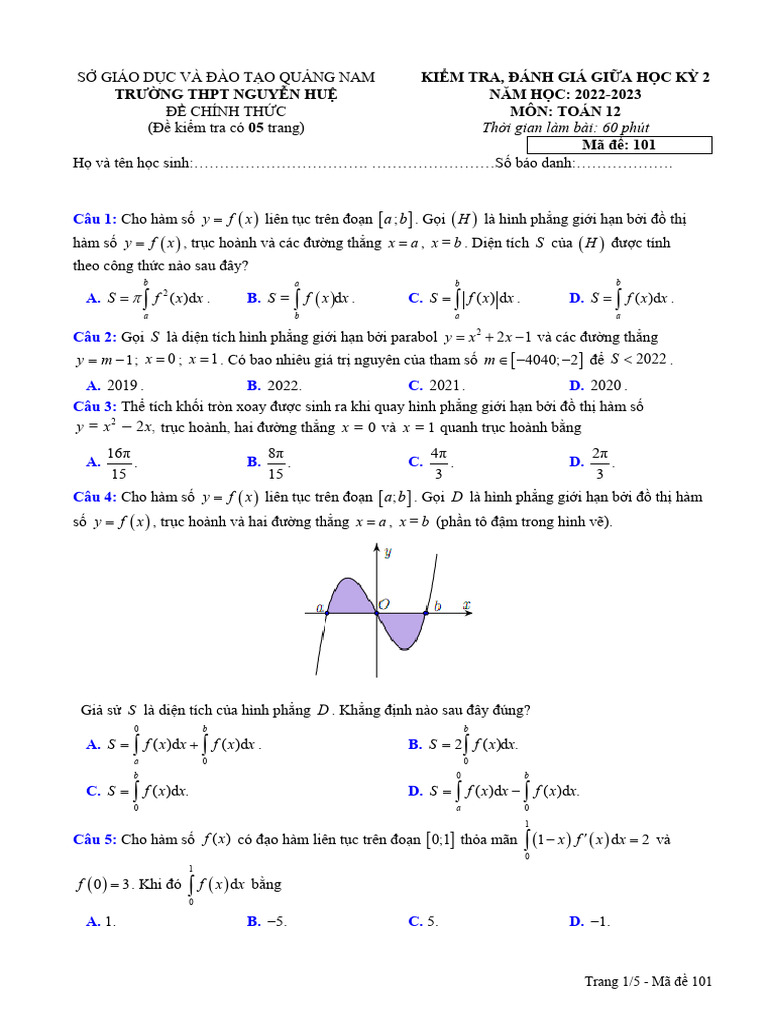 De Giua Hoc Ky 2 Toan 12 Nam 2022 2023 Truong THPT Nguyen Hue Quang Nam | PDF