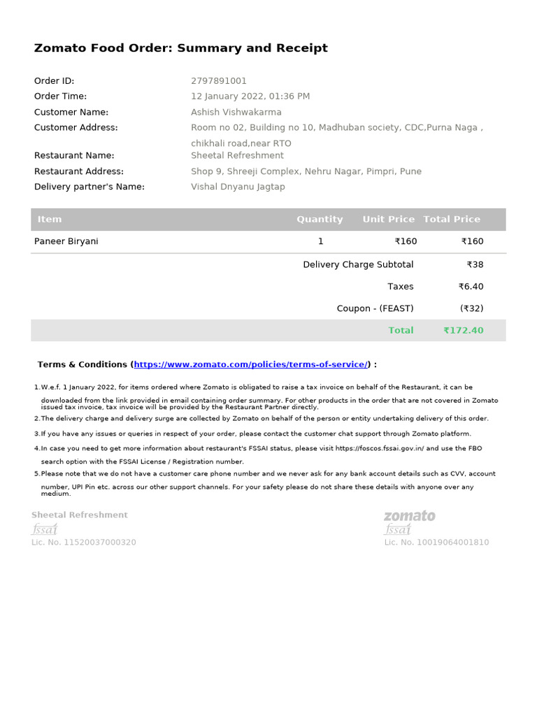 Zomato Bill | Download Free PDF | Service Industries | Business