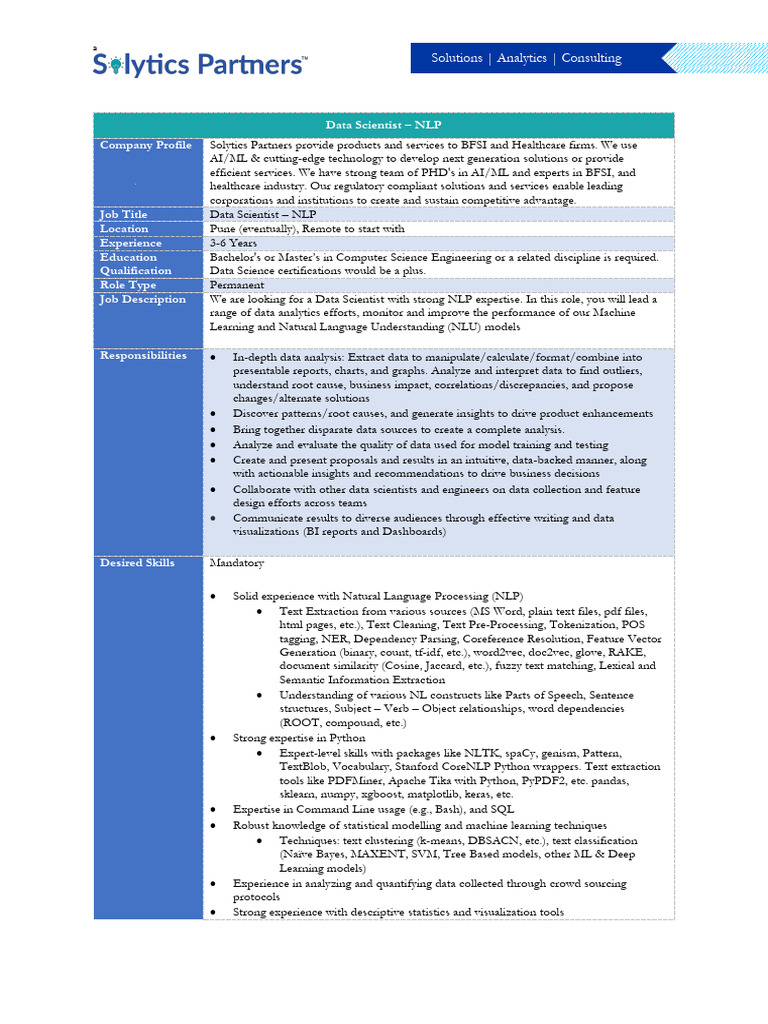 JD - Data Scientist (NLP) | PDF | Data | Machine Learning