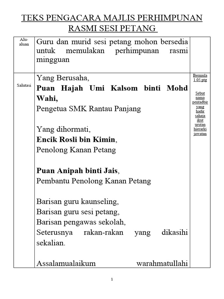TEKS PENGACARA MAJLIS PERHIMPUNAN RASMI SESI PETANG (Update) - NEW | PDF