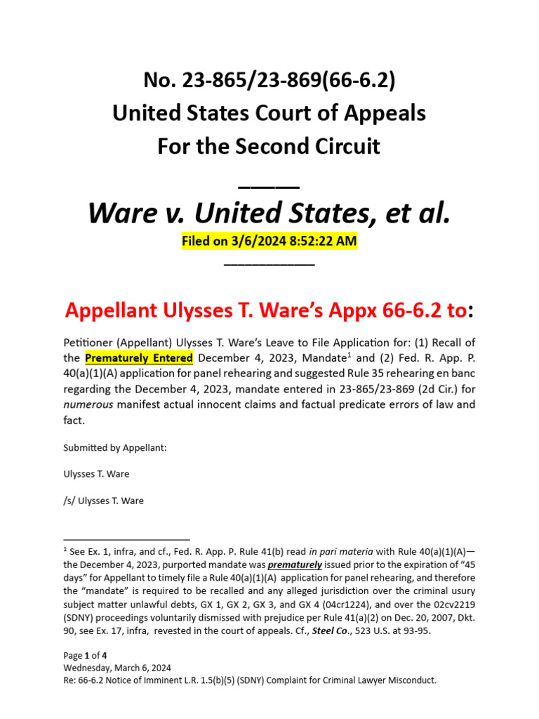 Appx 66-6.2 03.06.24 Re GSL's L.R. 1.5 (B) (5) Notice of Criminal Lawyer Misconduct Complaint ...