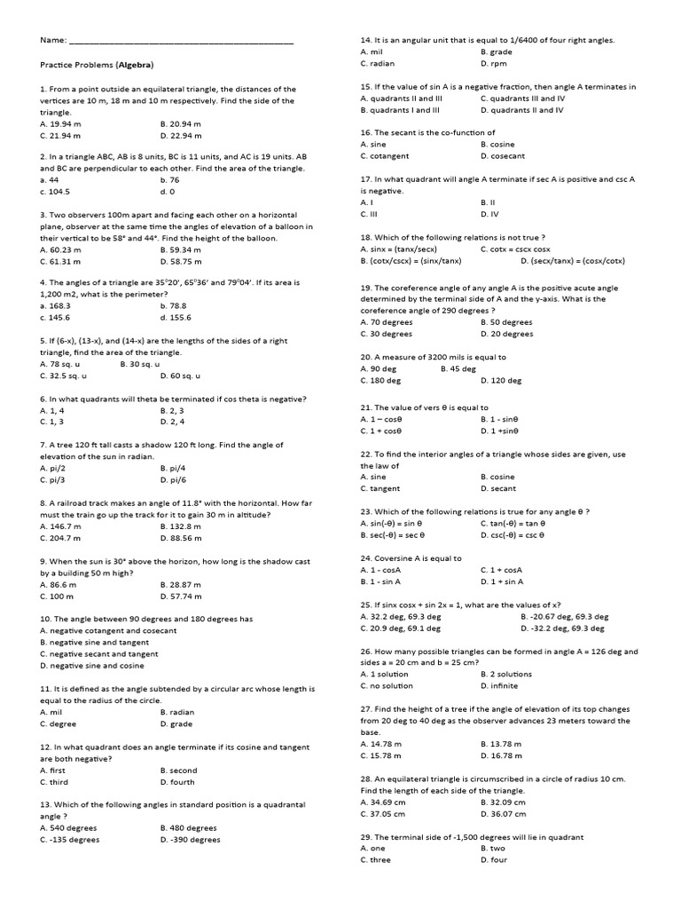 Algebra and Trigonometry Practice Problems | PDF | Trigonometric ...