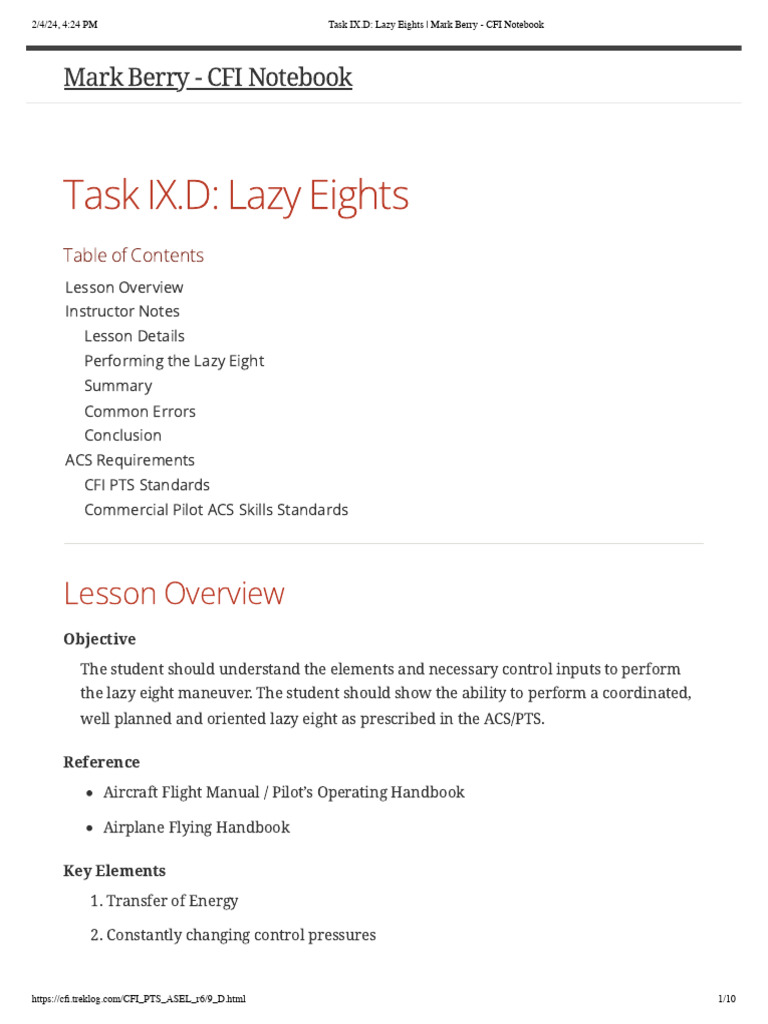 Task IX.D - Lazy Eights - Mark Berry - CFI Notebook | Download Free PDF ...