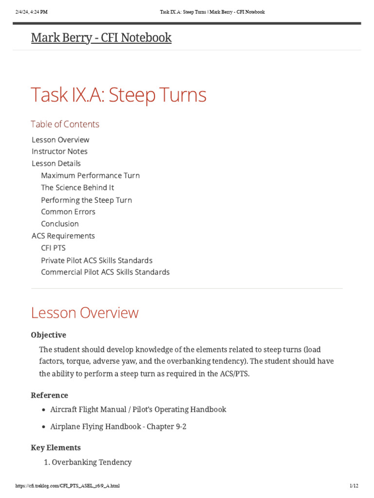 Task IX.A - Steep Turns - Mark Berry - CFI Notebook | PDF | Flight ...