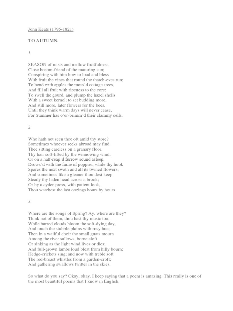 Analysis of Keats' "To Autumn" Poem | PDF