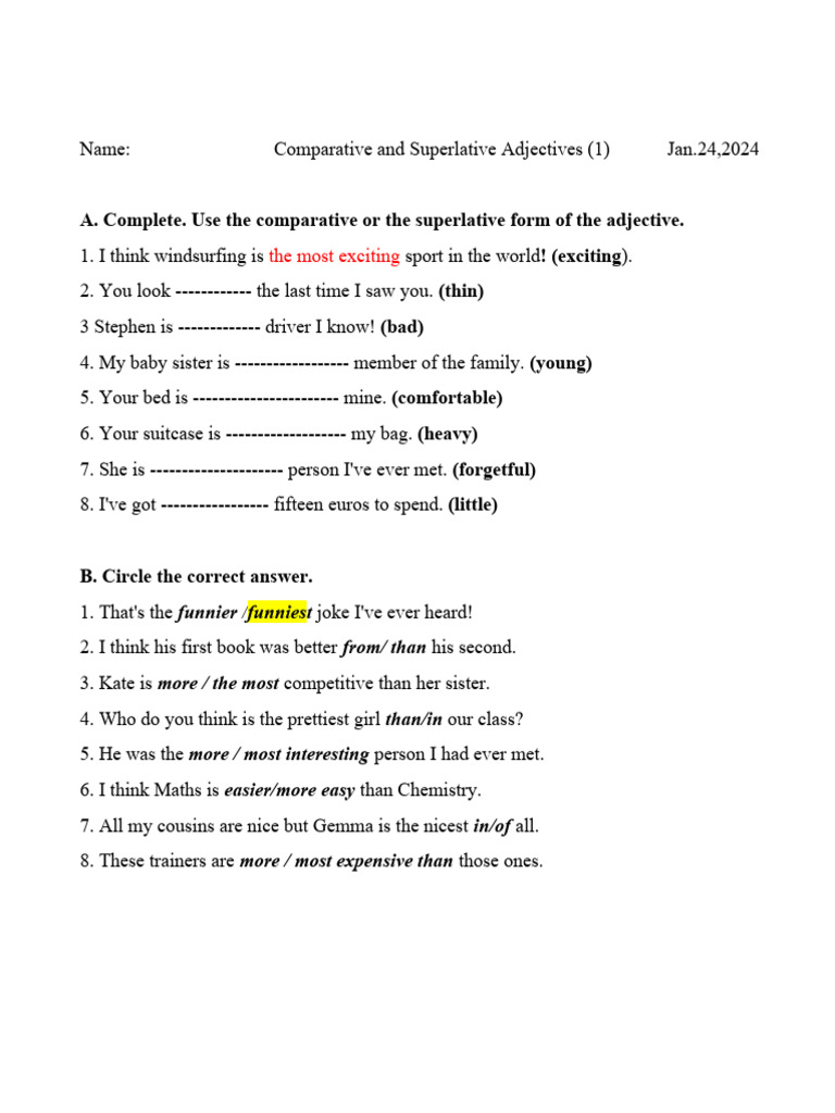 Comparative and Superlative Exercises | PDF | Sports & Recreation ...