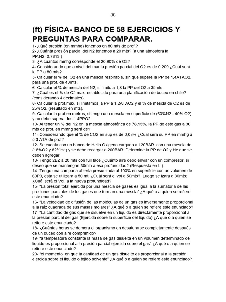 (FT) Física - Banco de 58 Ejercicios y Preguntas para Comparar | PDF | Buceo bajo el agua | Presión