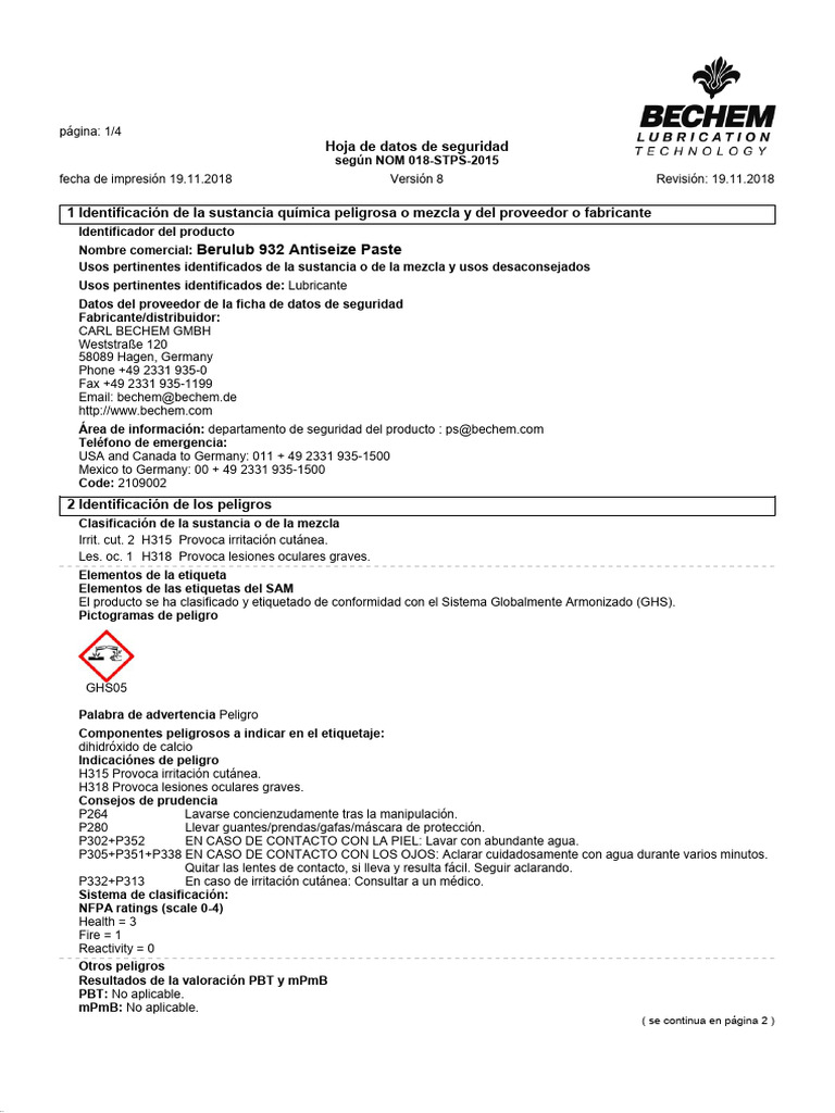 SDS Bechem Berulub 932 Antiseize Paste 2109002 (Es) - (v8) | PDF | Agua | Dióxido de carbono