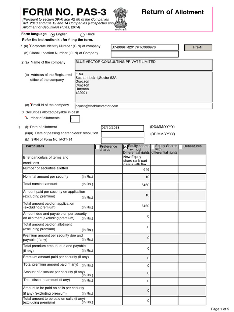 PAS-3 Form: Return of Allotment | PDF | Securities (Finance) | Equity ...