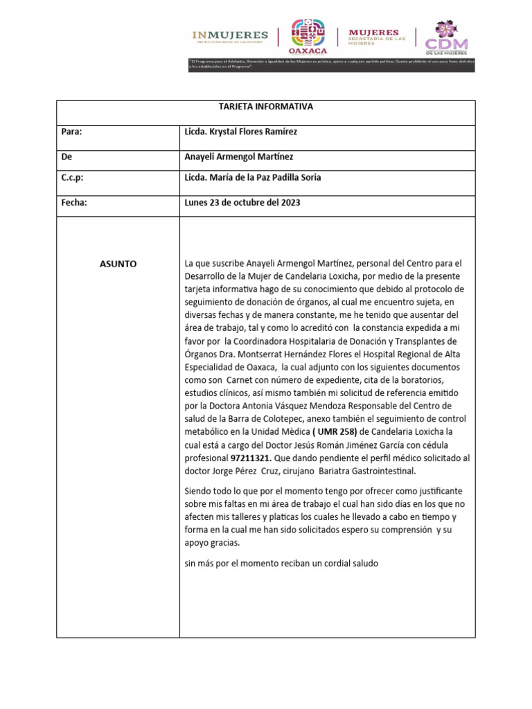 Tarjeta Informativa Hospital Naye | PDF | Medicina