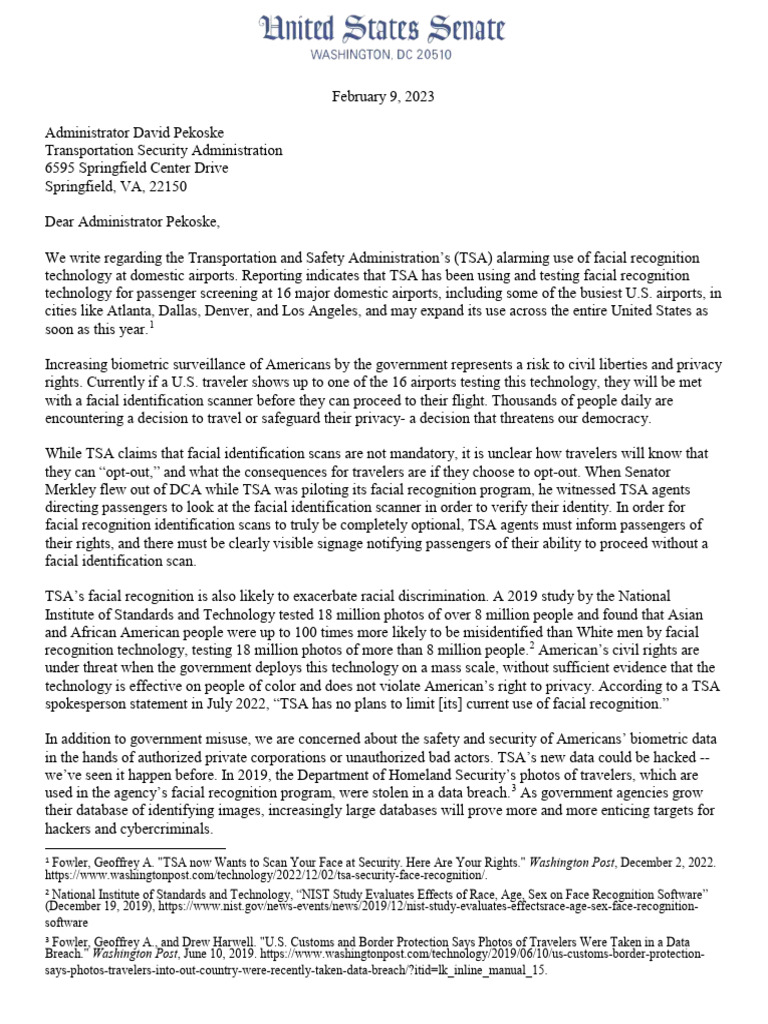 Tsa Facial Recognition Technology Letter | PDF Tsa Facial Recognition Technology Letter | PDF