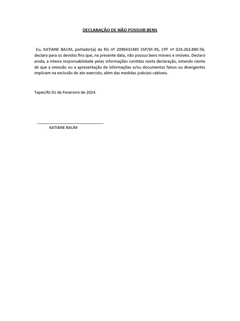 Declaração de Não Possuir Bens | PDF Declaração de Não Possuir Bens | PDF