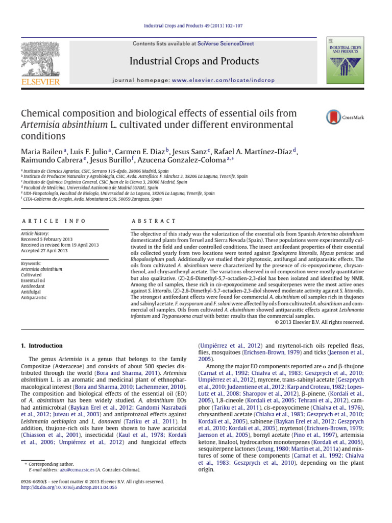 Chemical Composition and Biological Effects of Essential Oils From Artemisia Absinthium L ...