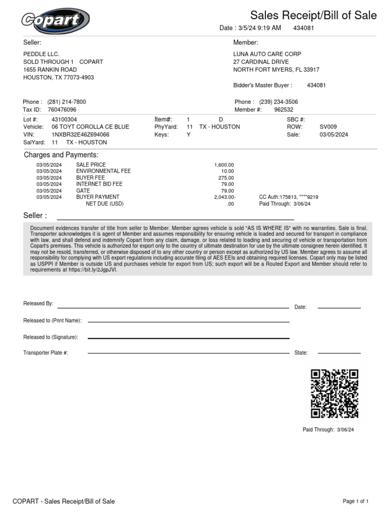 Toyota Corolla Sales Receipt 2024 | PDF | Receipt | Business
